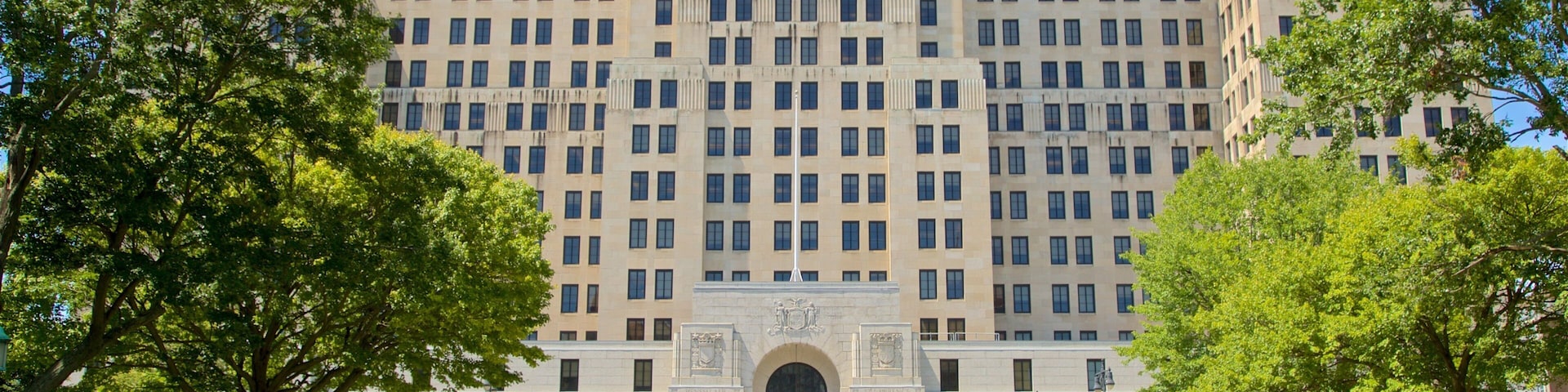 Um edifício grande e com vários andares, com uma entrada central ladeada por duas árvores grandes.