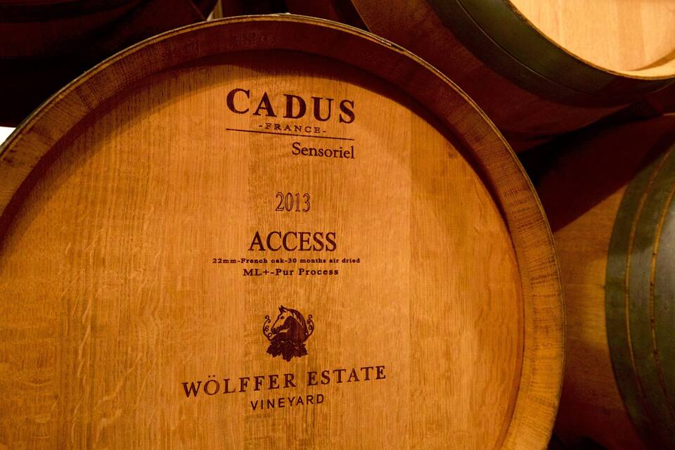 Barril de madeira com o texto "CADUS - França - Sensoriel 2013 ACCESS 22mm-carvalho francês-30 meses seco ao ar ML+Processo Pur WOLFFER ESTATE VINEYARD".