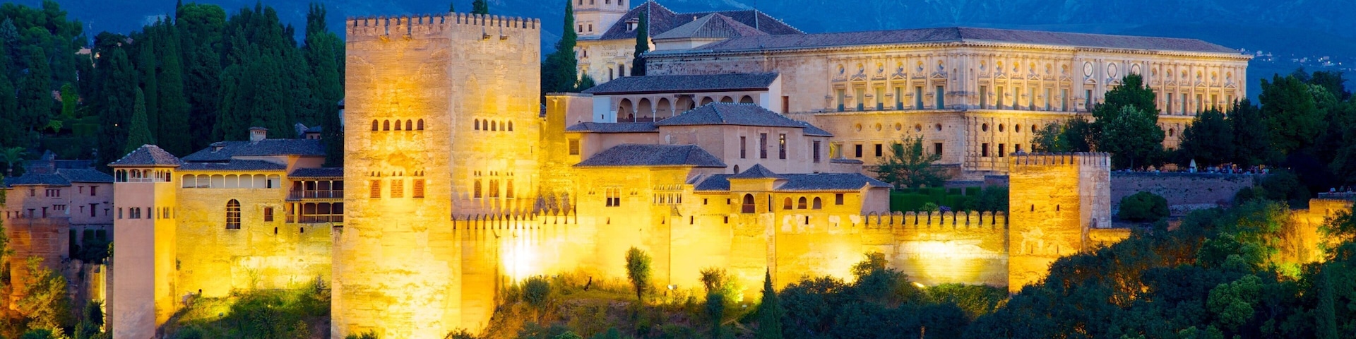 Mirador de San Nicolas which includes night scenes, heritage architecture and a castle
