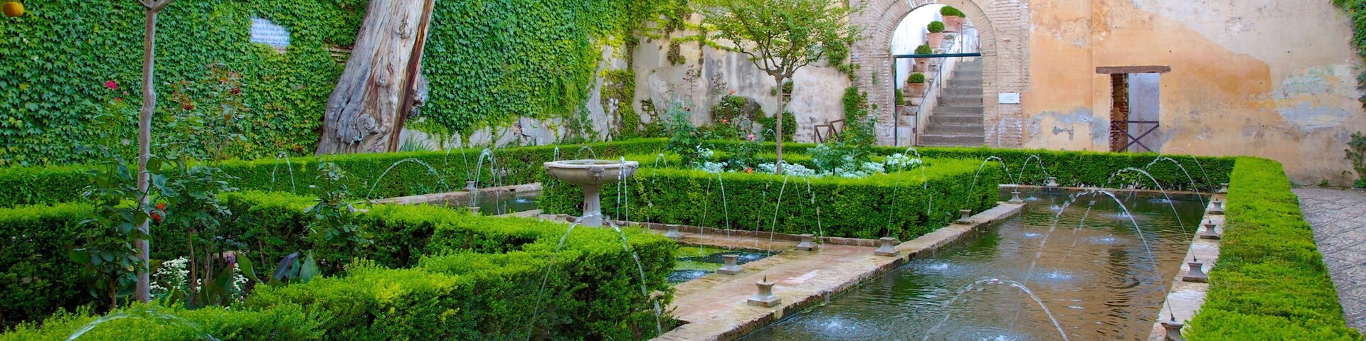 Generalife featuring a fountain, chateau or palace and a garden