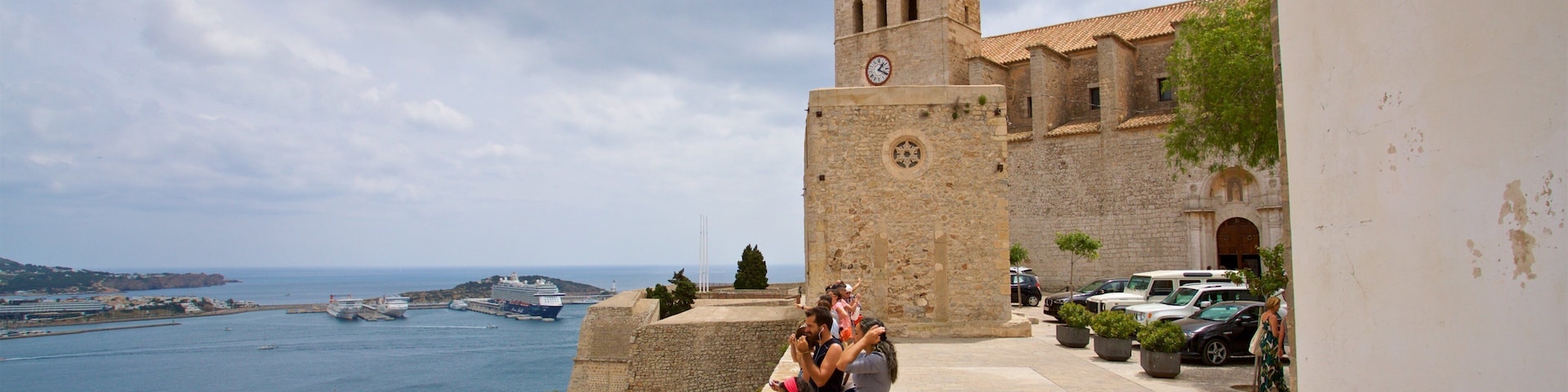 Ibiza Cathedral showing heritage elements and a bay or harbor as well as a family