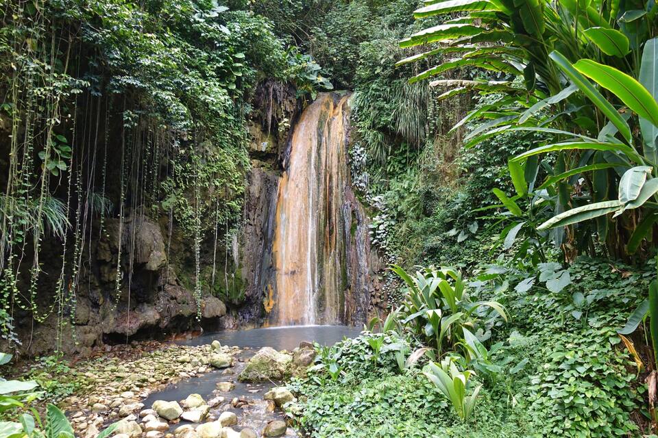 Uma cascata rodeada por vegetação tropical exuberante.