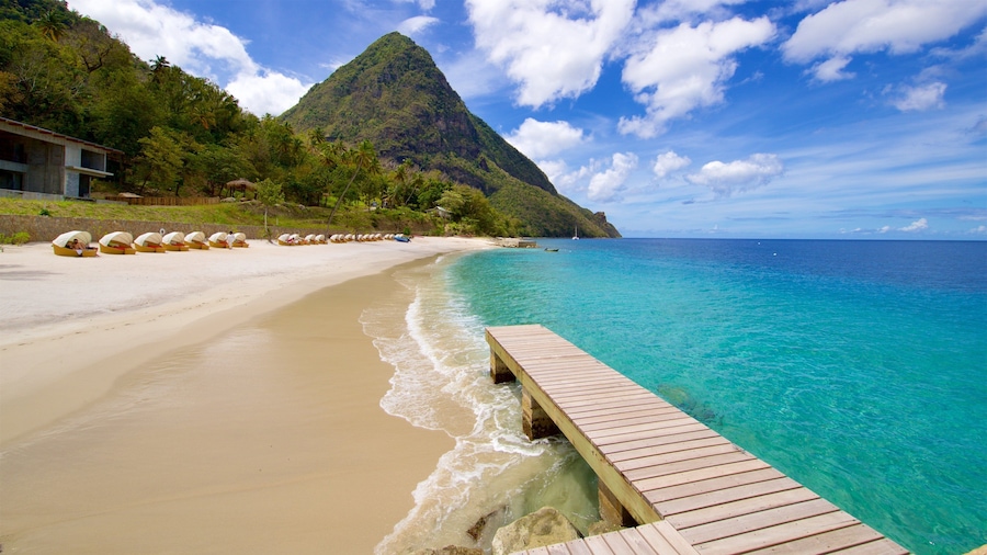 Jalousie Beach which includes mountains, tropical scenes and general coastal views