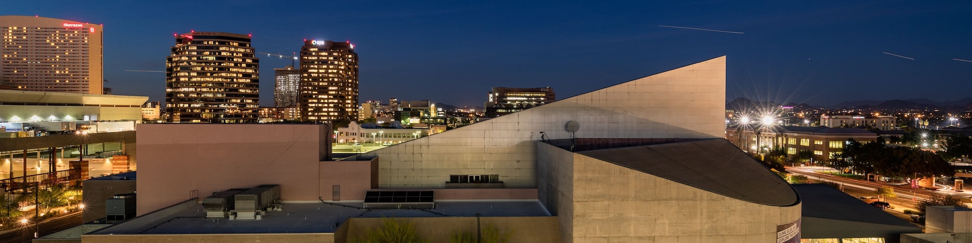 Arizona Science Center showing a city, landscape views and night scenes