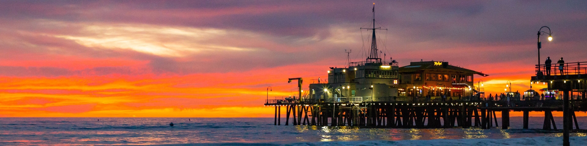 Santa Monica Pier which includes a sunset and general coastal views