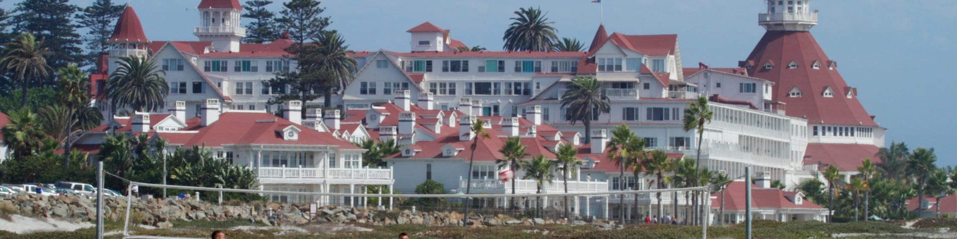 Coronado Beach featuring tropical scenes and a sandy beach as well as a small group of people