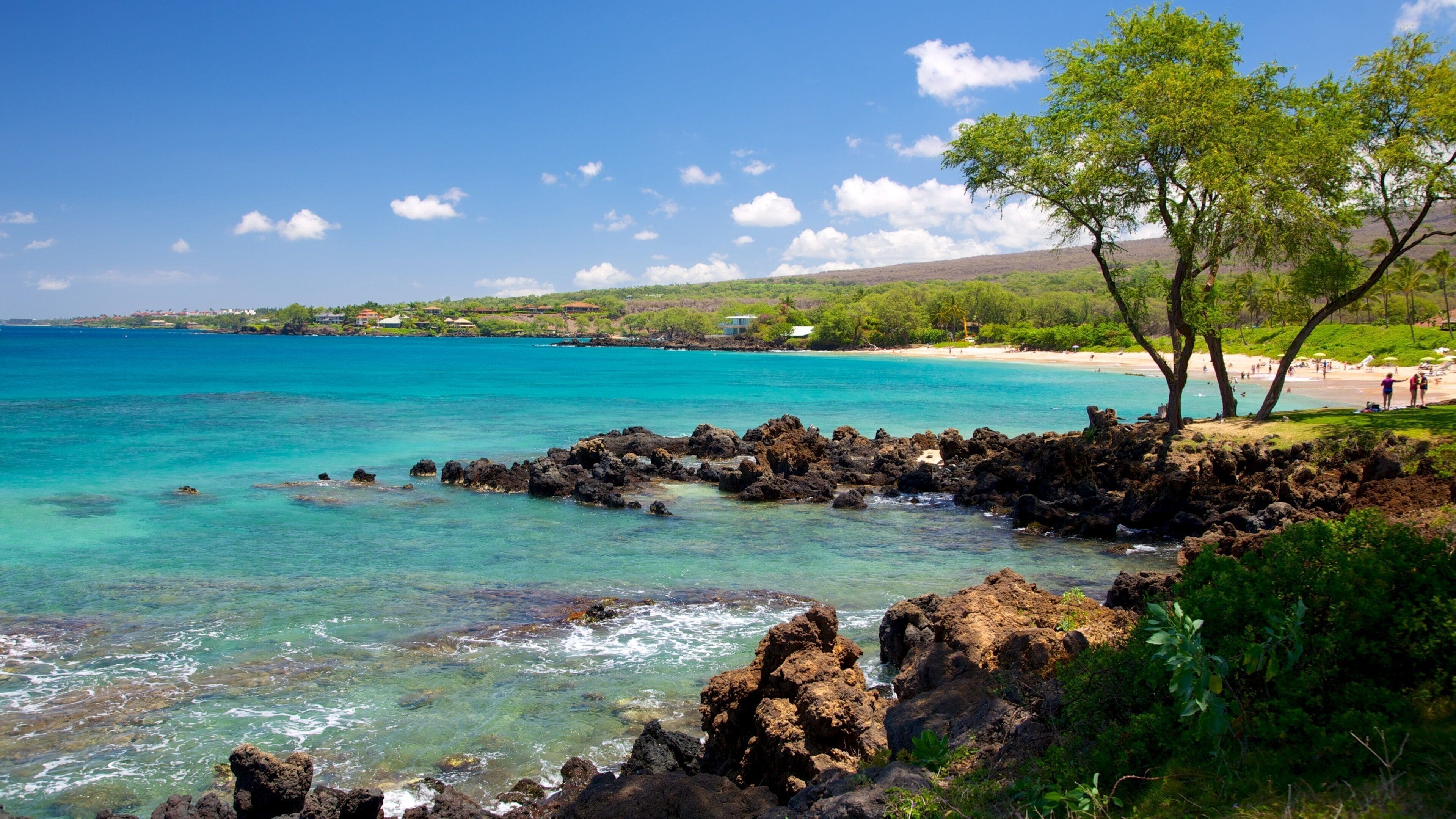 Maluaka Beach showing rocky coastline, landscape views and a pebble beach