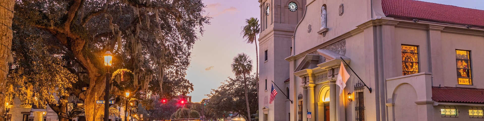 Cathedral Basilica of St. Augustine featuring a sunset, a church or cathedral and heritage architecture