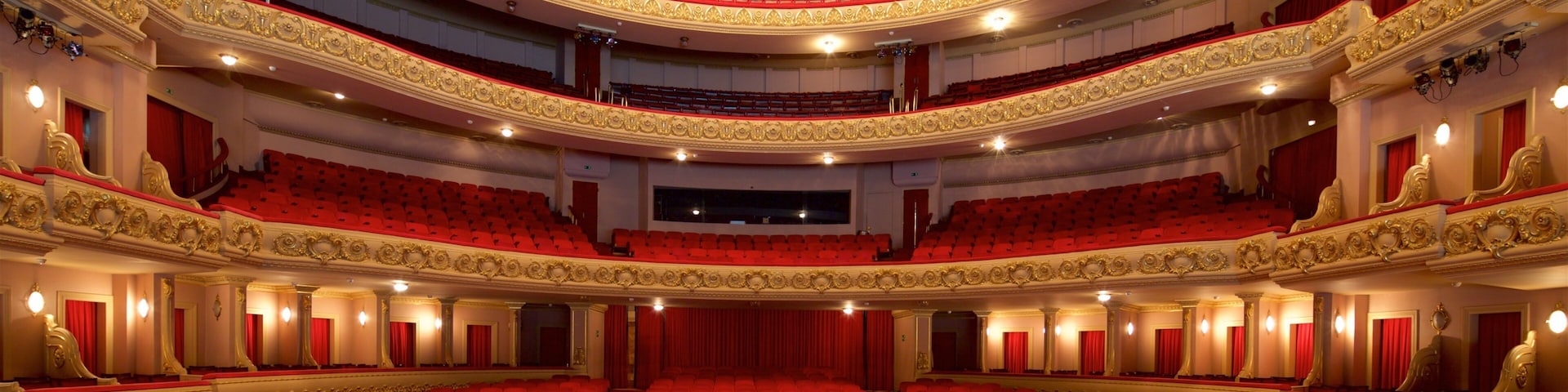 Teatro Municipal mostrando elementos de patrimônio, vistas internas e cenas de teatro