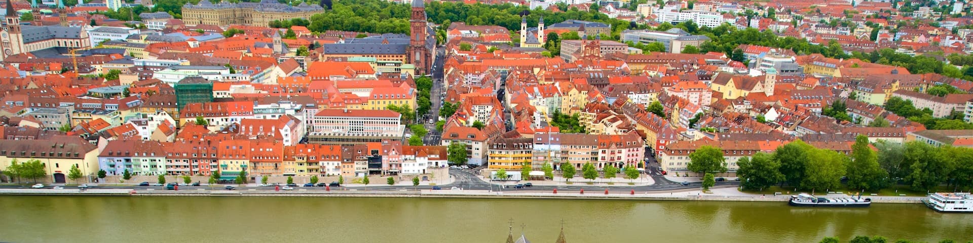 Fortress Marienberg showing a river or creek, a city and farmland