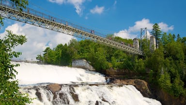 Uma ponte suspensa sobre uma cascata, rodeada por árvores.