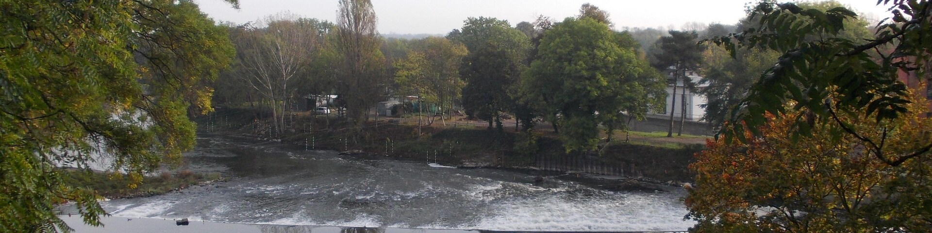Um lago tranquilo rodeado de árvores e um edifício ao longe.