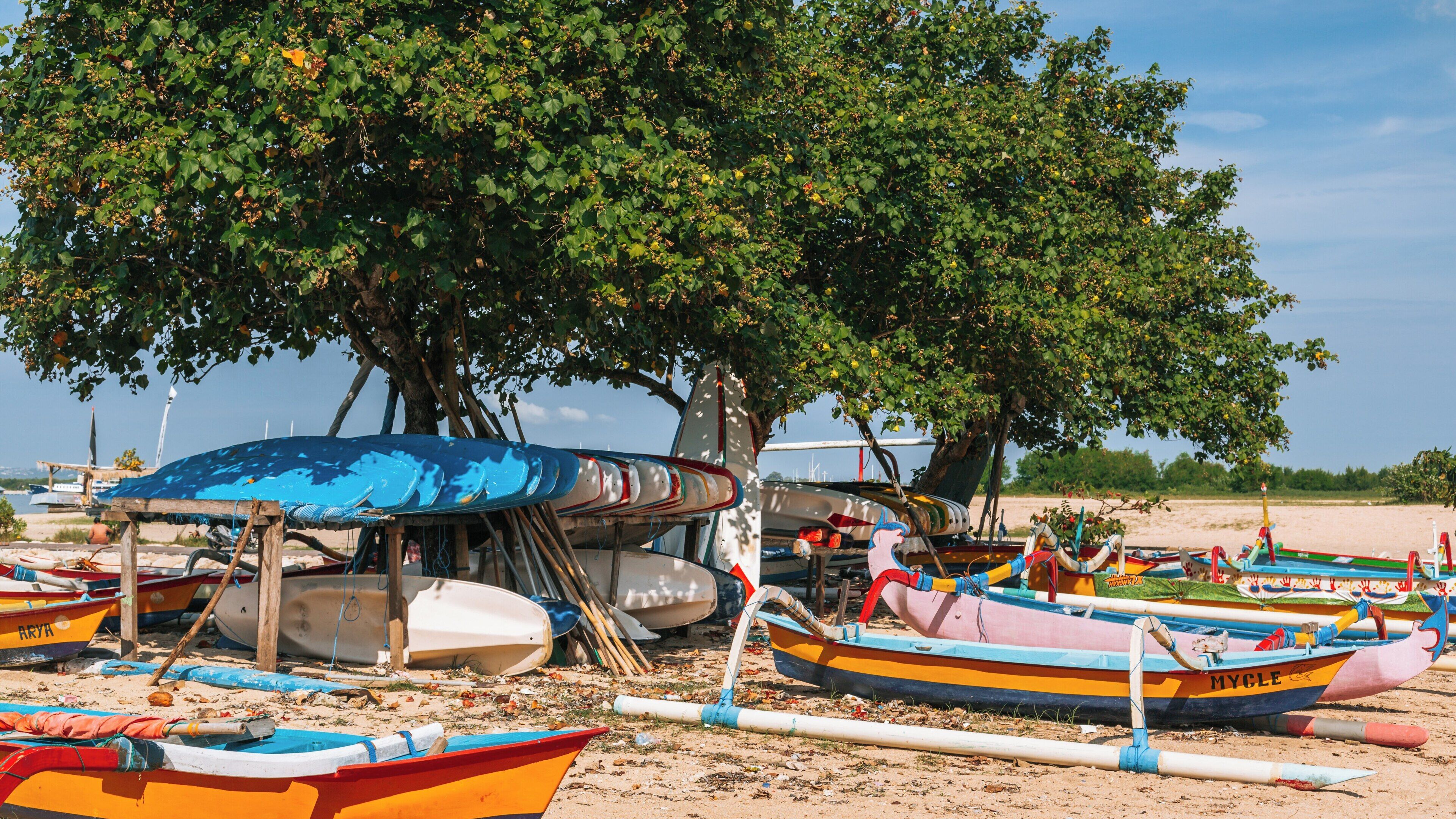 Vibrant fishing boats rest on Sanur Beach in Seminyak, Bali, Indonesia during a sunny day with lush greenery nearby