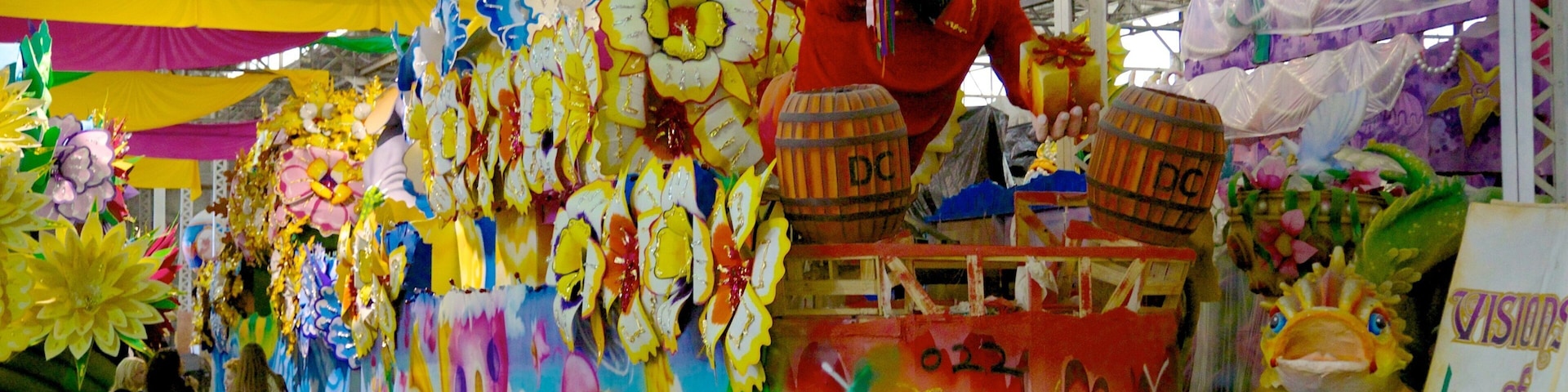 Colorful float display at Mardi Gras World in New Orleans showcasing vibrant decorations and characters