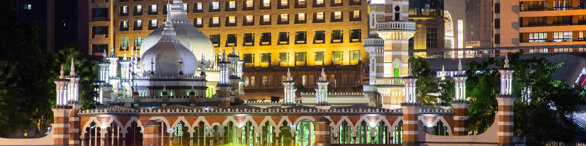 Jamek Mosque showing signage, a fountain and a city