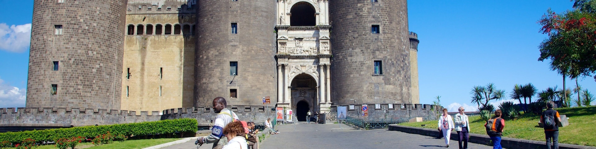 Piazza del Municipio mostrando um pequeno castelo ou palácio assim como um grande grupo de pessoas