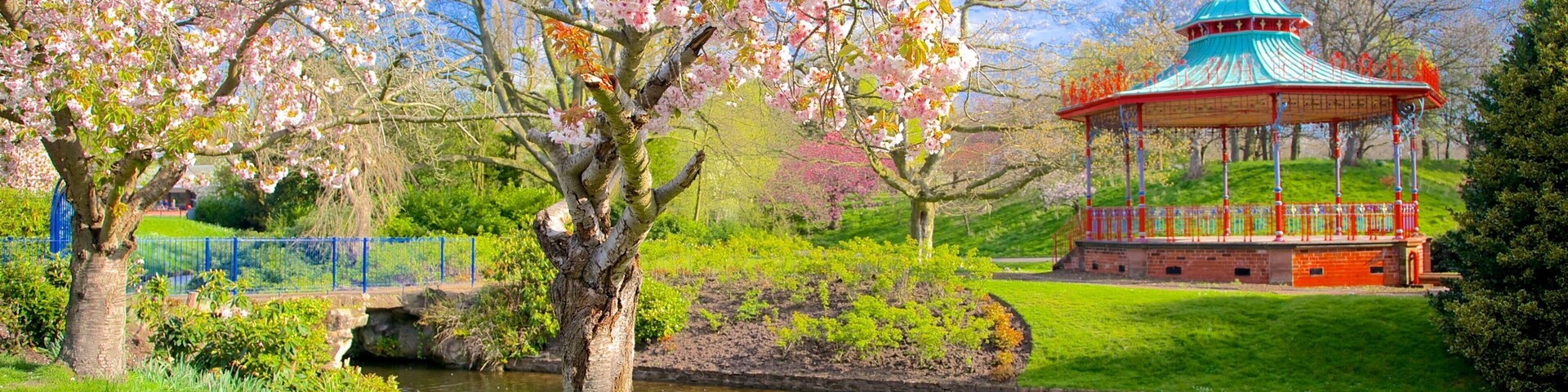 Sefton Park caracterizando paisagem, uma ponte e um jardim
