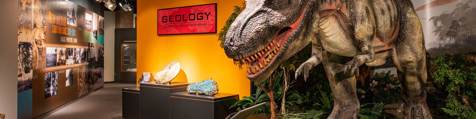 Exposição sobre dinossauros, com um grande modelo de T-Rex, uma apresentação de geologia e diversos fósseis.
