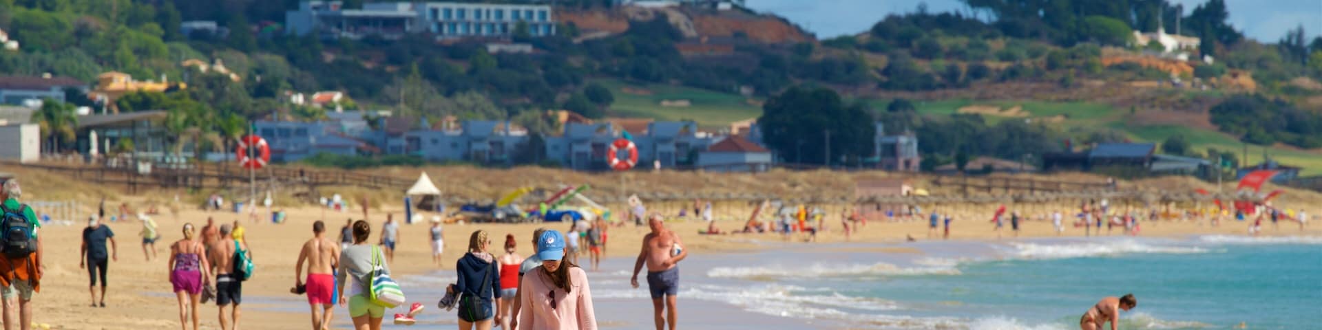 Meia Praia caracterizando paisagens litorâneas e uma praia assim como um pequeno grupo de pessoas