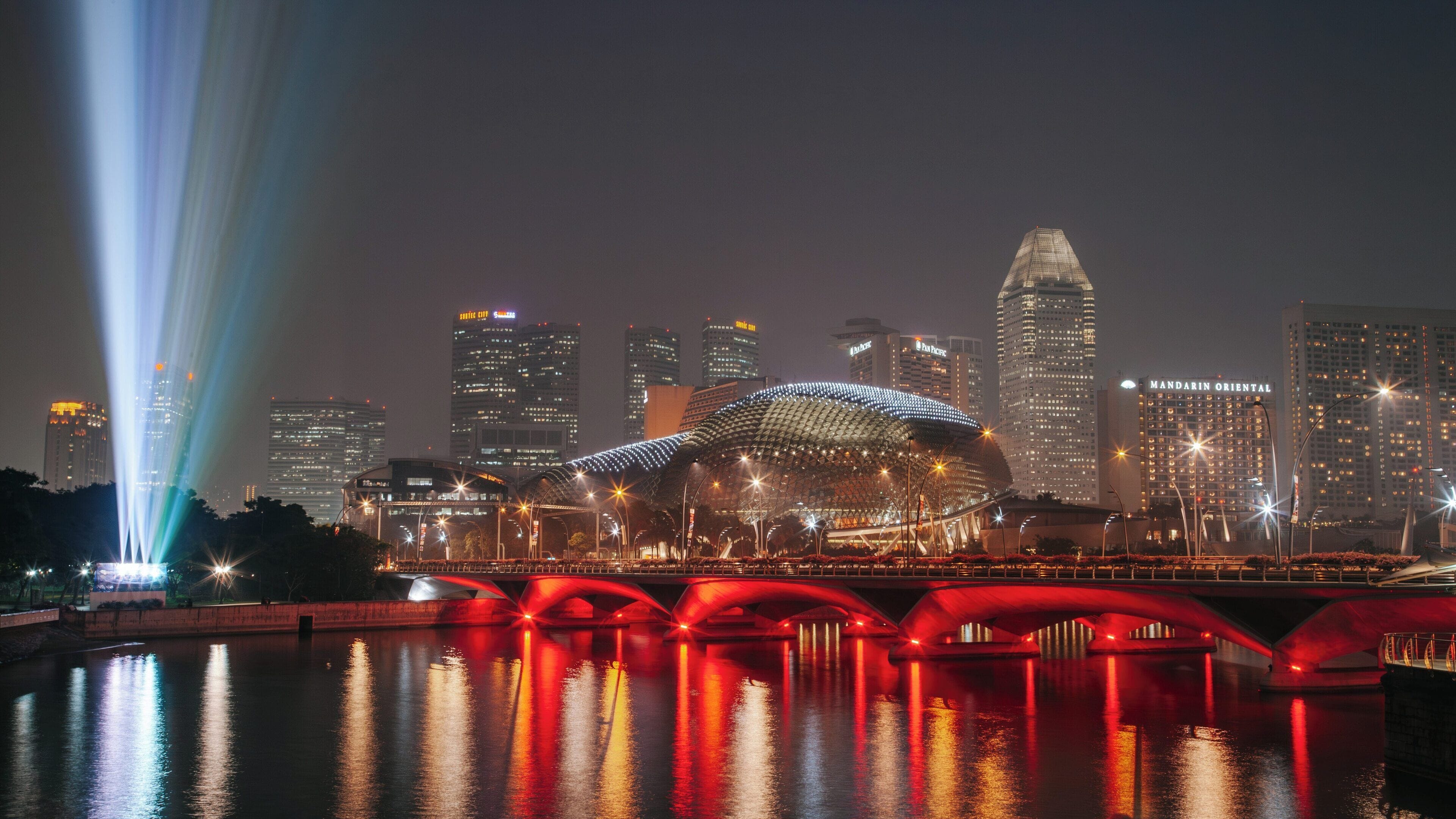Vibrant lights illuminate Boat Quay in Singapore's Central Business District during the night