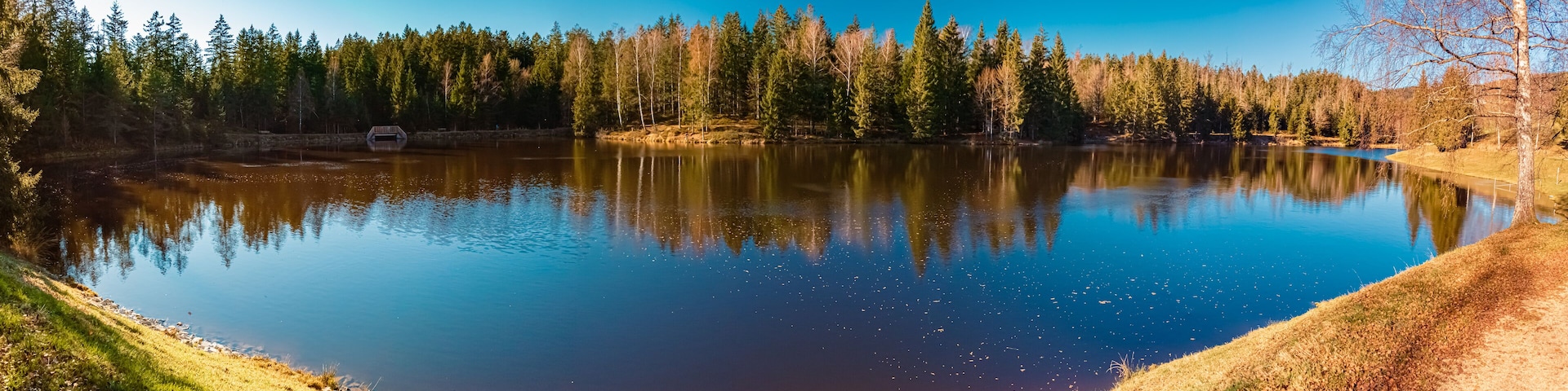 Um lago calmo rodeado por floresta densa e uma ponte de pedra.