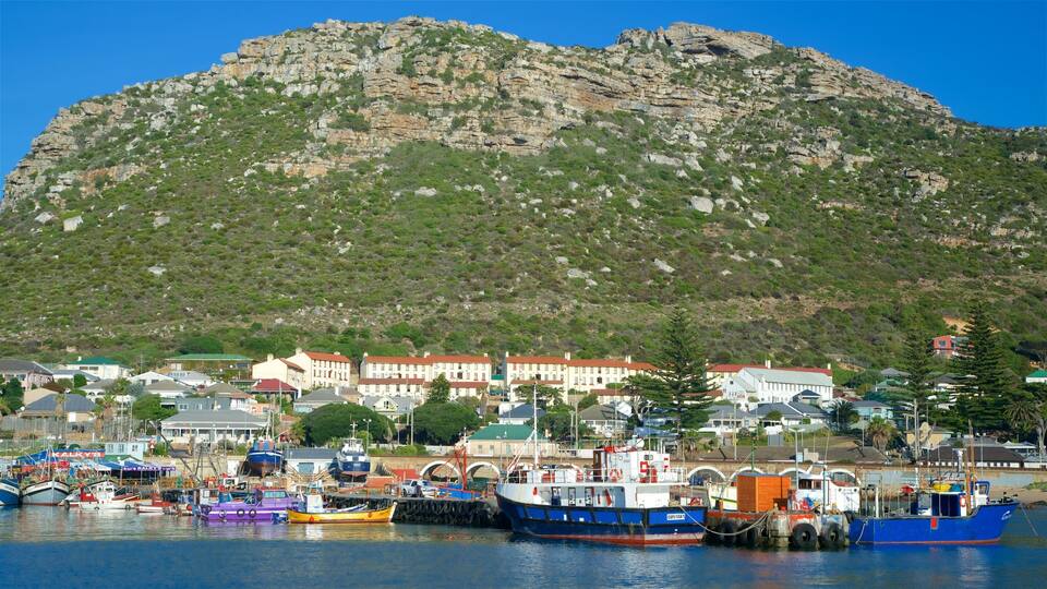 Kalk Bay mostrando uma cidade litorânea, paisagem e montanhas
