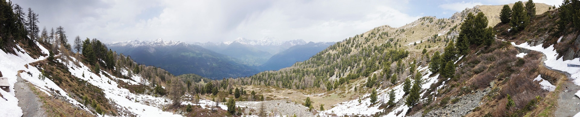 Paisagem montanhosa com encostas cobertas de neve, florestas densas e picos distantes com neve.
