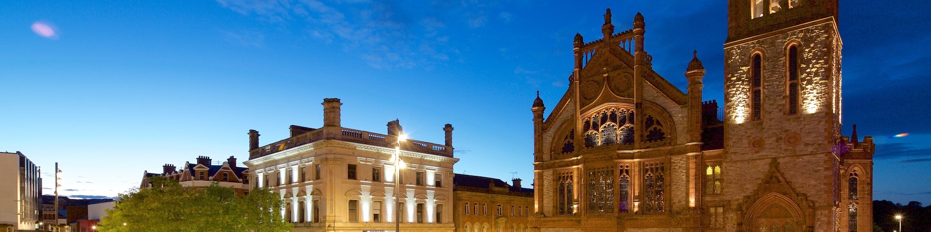Guildhall mostrando arquitetura de patrimônio, cenas noturnas e elementos de patrimônio