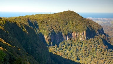 Paisagem montanhosa com floresta densa, penhascos íngremes e uma vista clara do oceano ao longe.