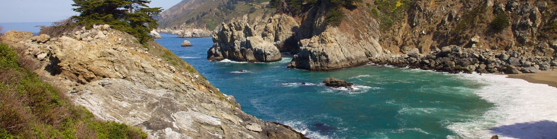 Pfeiffer Big Sur State Park mostrando uma baía ou porto, paisagem e litoral rochoso