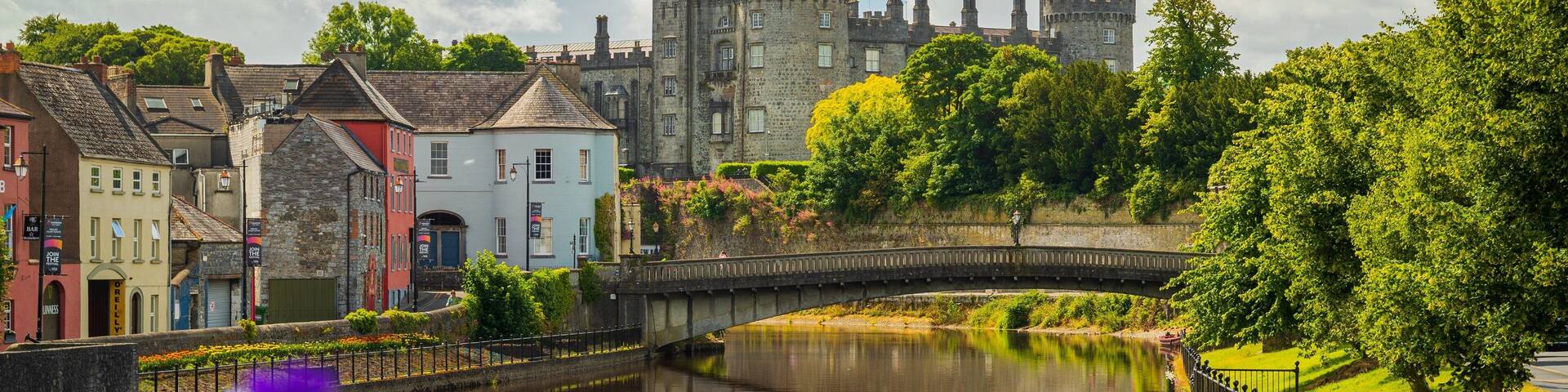 Kilkenny Castle which includes flowers, a river or creek and a small town or village