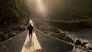 Uma pessoa caminhando sobre uma ponte suspensa sobre um rio, com penhascos rochosos em ambas as margens.