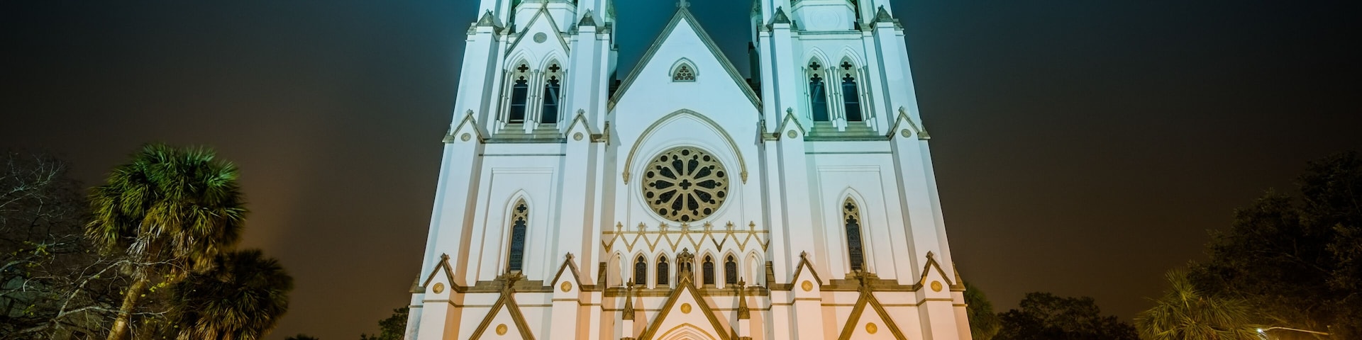 Uma grande catedral branca com duas torres altas e uma rosácea central, rodeada por palmeiras e um calçadão.
