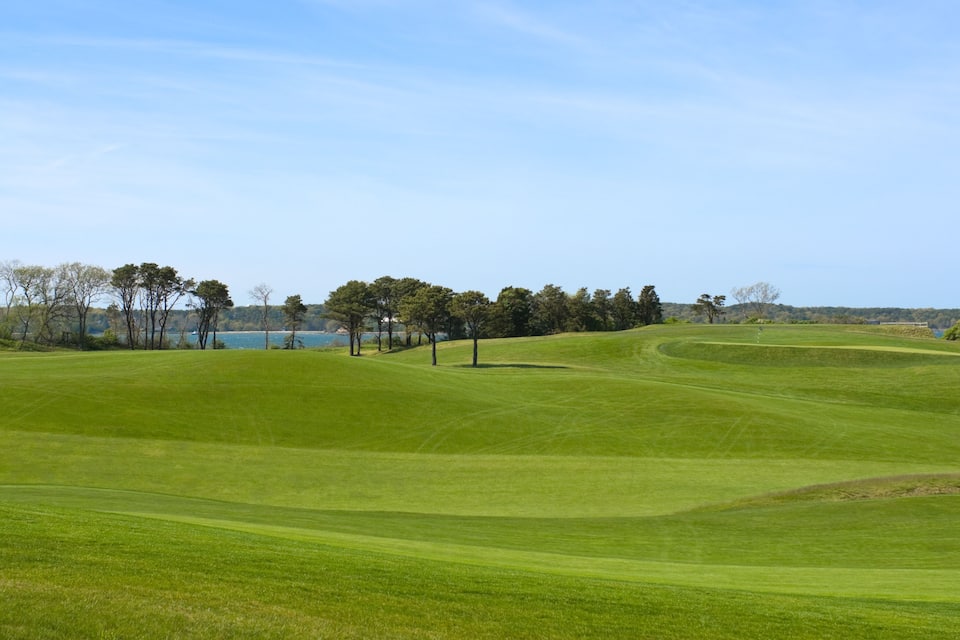 Um campo de golfe com colinas verdes ondulantes, árvores e um lago ao fundo.