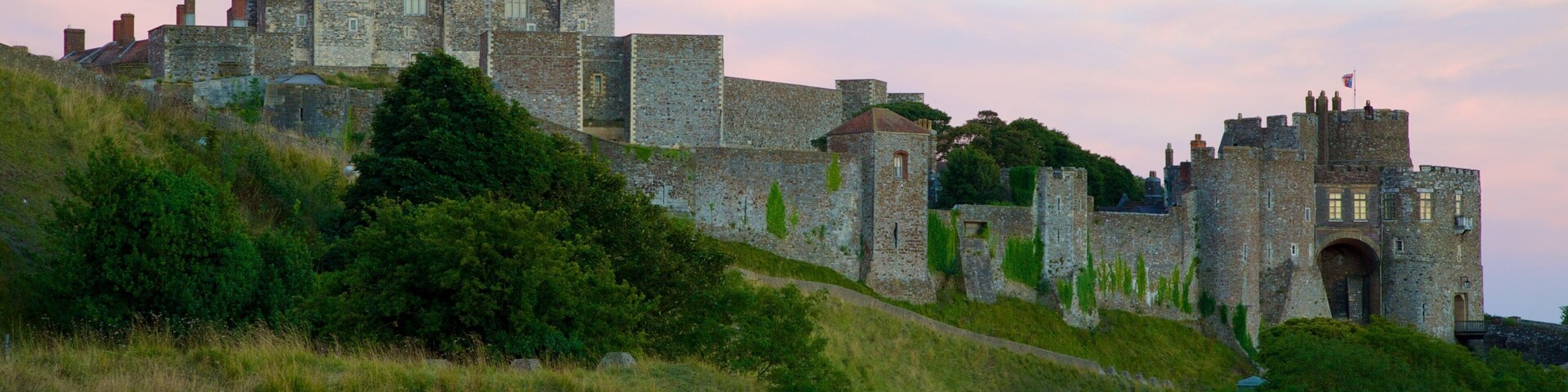 Um castelo histórico numa colina gramada com um caminho pavimentado a levá-lo até ele.