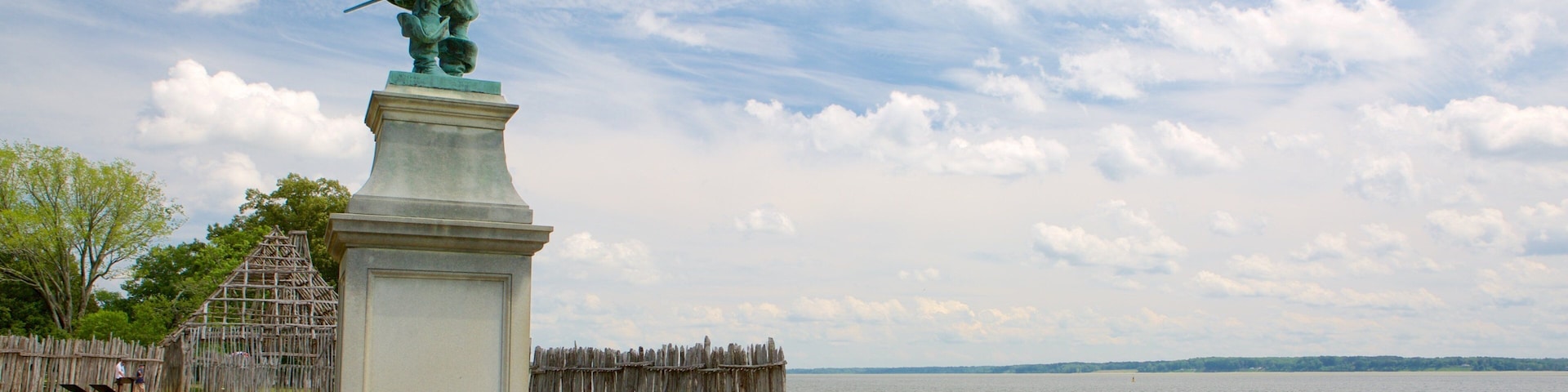 Historic Jamestowne showing general coastal views, a monument and a statue or sculpture
