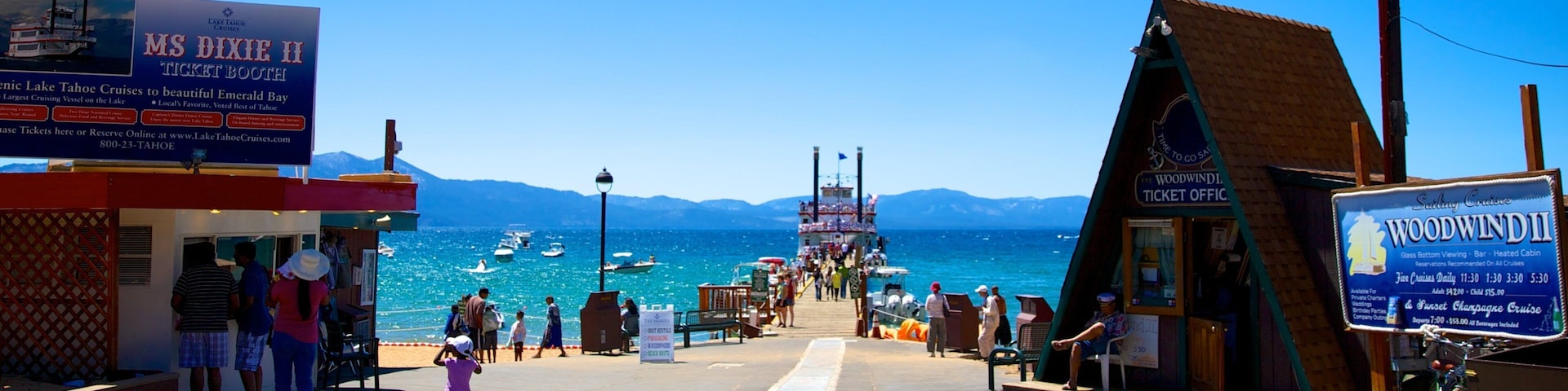 Zephyr Cove Beach featuring a coastal town, skyline and a bay or harbor