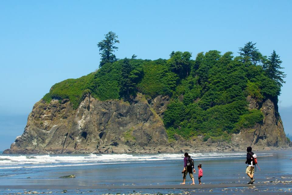 Um penhasco rochoso com vegetação verde densa e uma praia com pessoas caminhando.