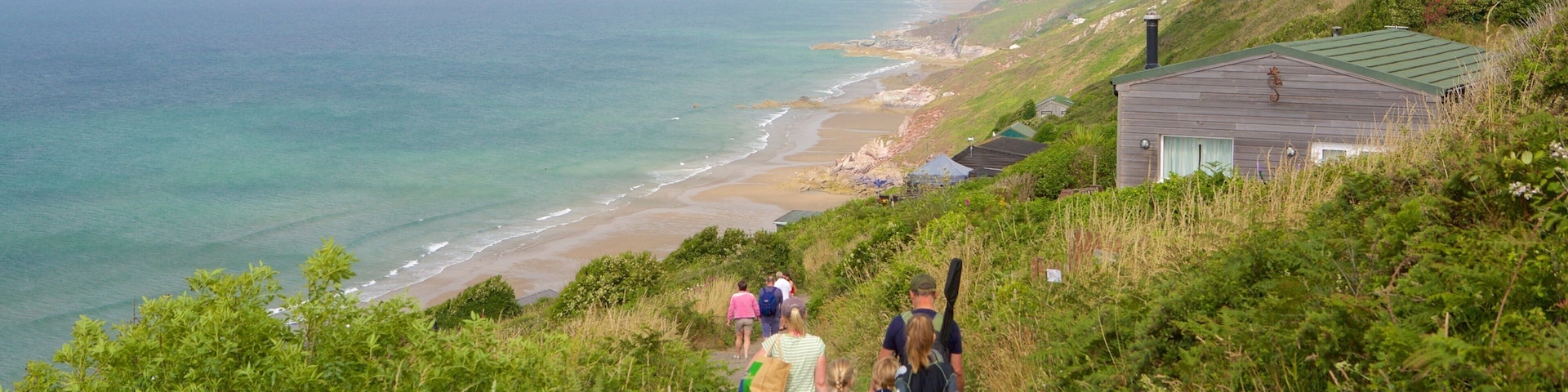 Whitsand Bay Beach que inclui uma praia e uma cidade litorânea assim como uma família