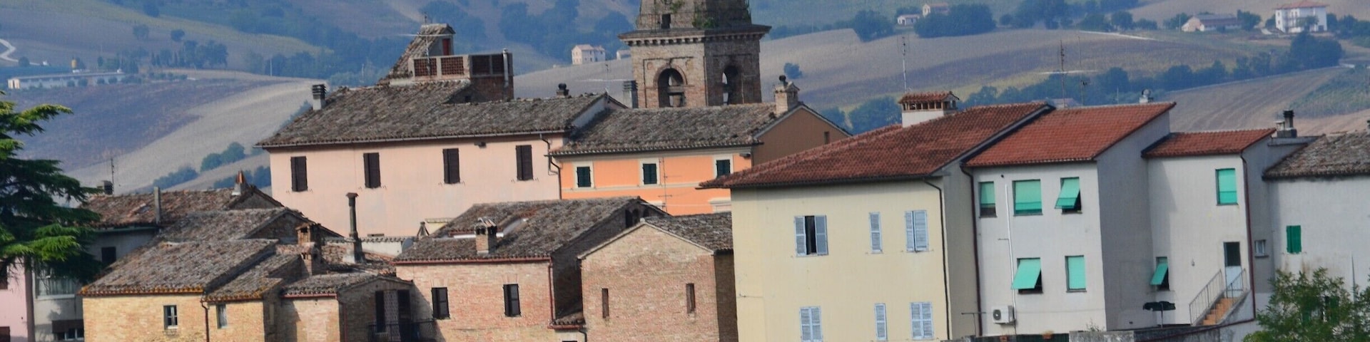 A view over old buildings from a close hill.