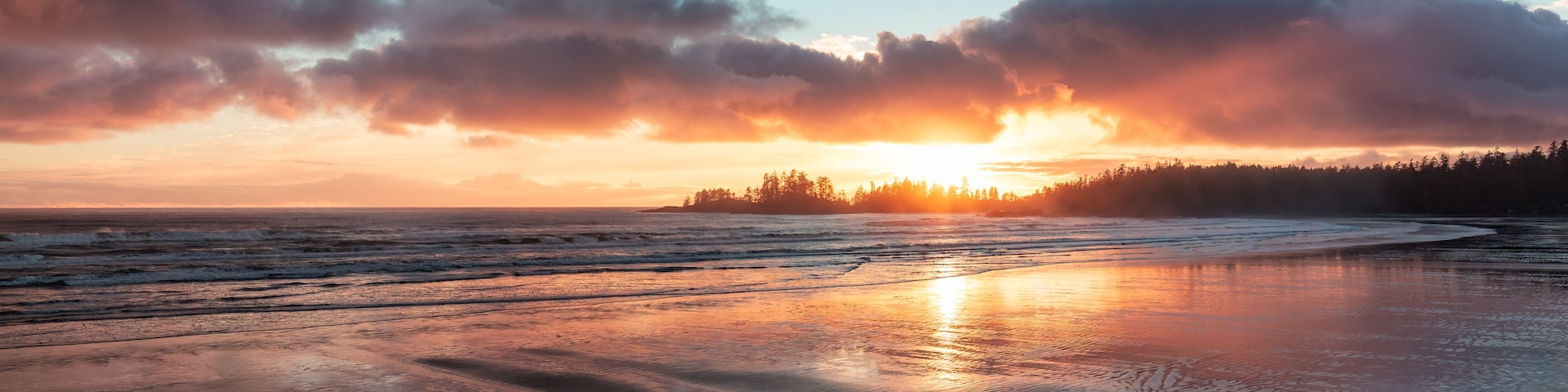 Uma praia ao pôr do sol, com ondas, uma floresta ao fundo e um céu nublado.