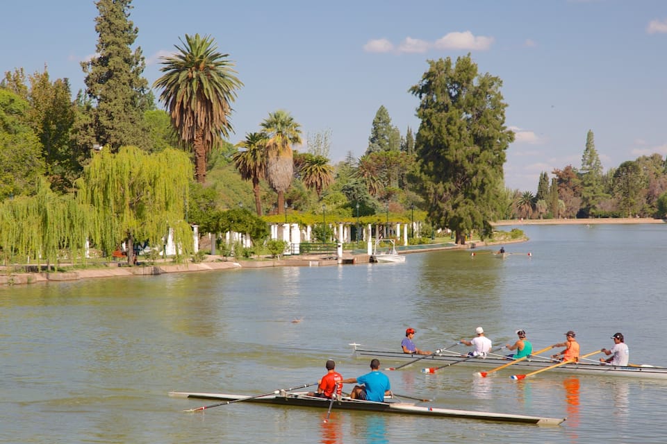Um lago tranquilo com barcos a remo, rodeado por vegetação exuberante e árvores.