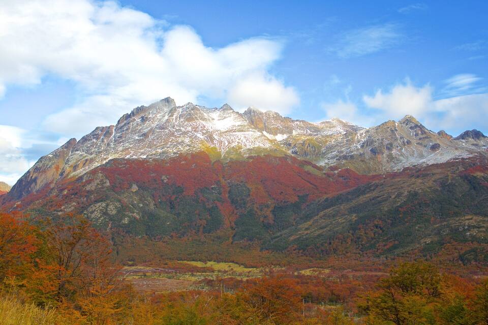 Uma cordilheira com picos nevados e árvores em tons de outono.