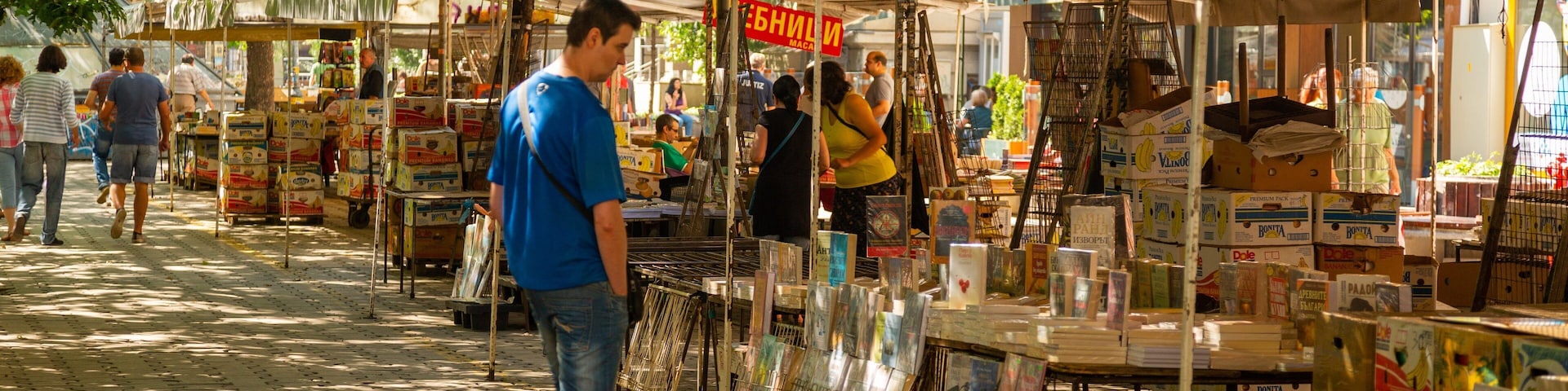 Slaveykov Square featuring markets as well as an individual male