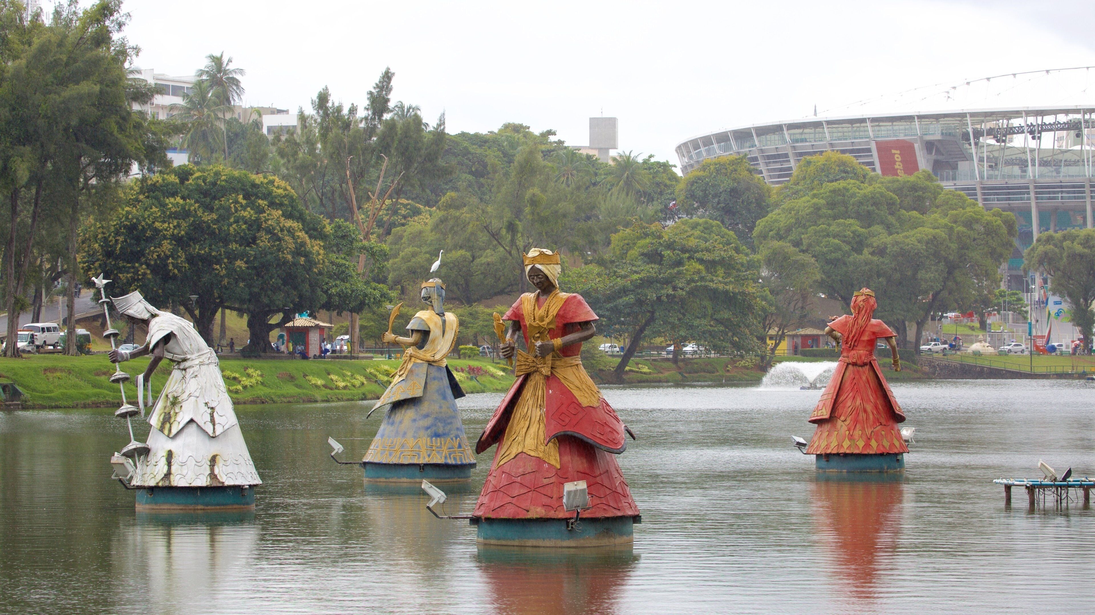 Fonte Nova Stadium showing a garden, a statue or sculpture and a lake or waterhole