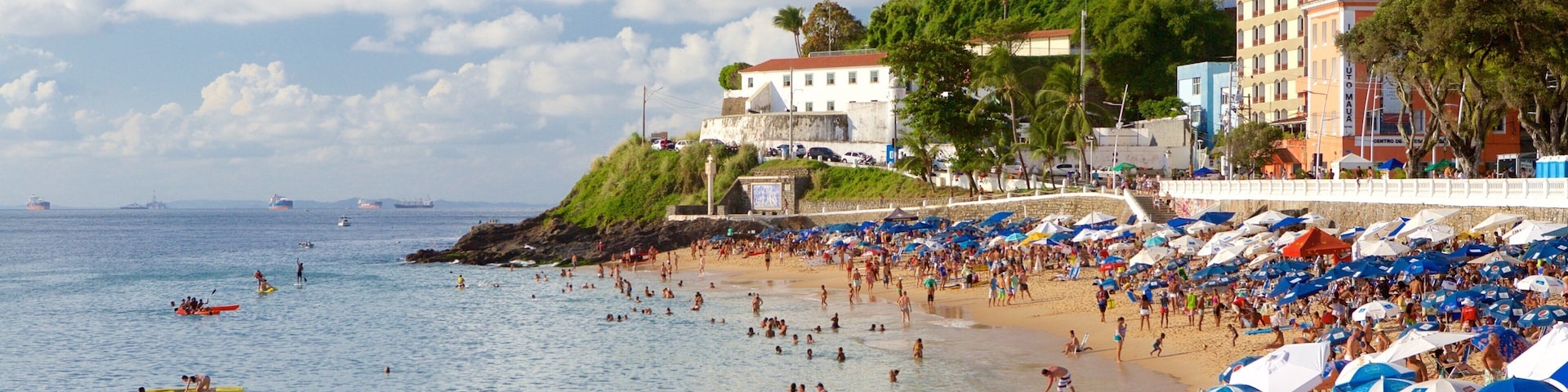 Porto da Barra Beach featuring a coastal town, a sandy beach and general coastal views