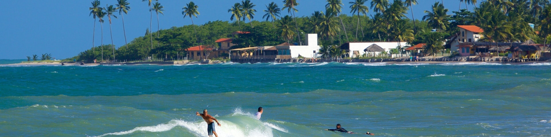 Maracaipe Beach showing surf, tropical scenes and a coastal town