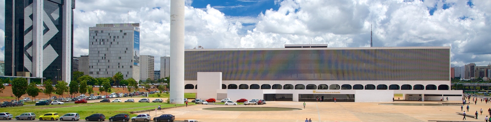 National Library which includes a square or plaza, modern architecture and a city