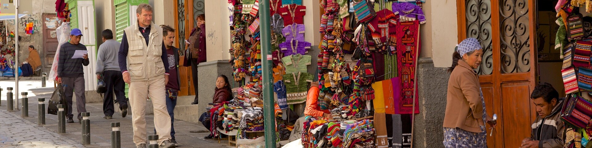 Plaza San Francisco mostrando compras assim como um pequeno grupo de pessoas