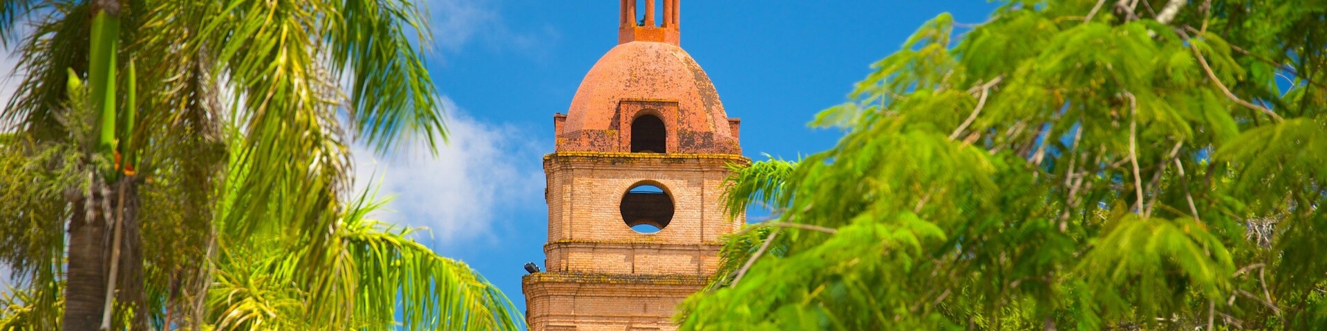 Uma torre de tijolos histórica com cúpula e sino, cercada por palmeiras verdejantes.
